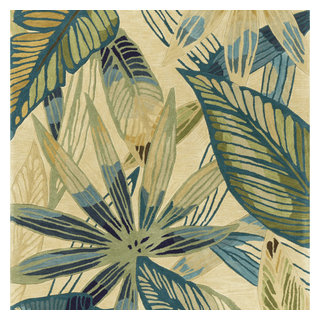 8'X10' Ivory Teal Hand Tufted Tropical Leaves Indoor Area Rug ...