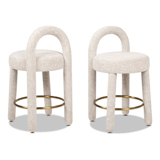 Penny 26.5" Round Arched Upholstered Counter Stool, Set of 2, Travertine Beige - Transitional ...