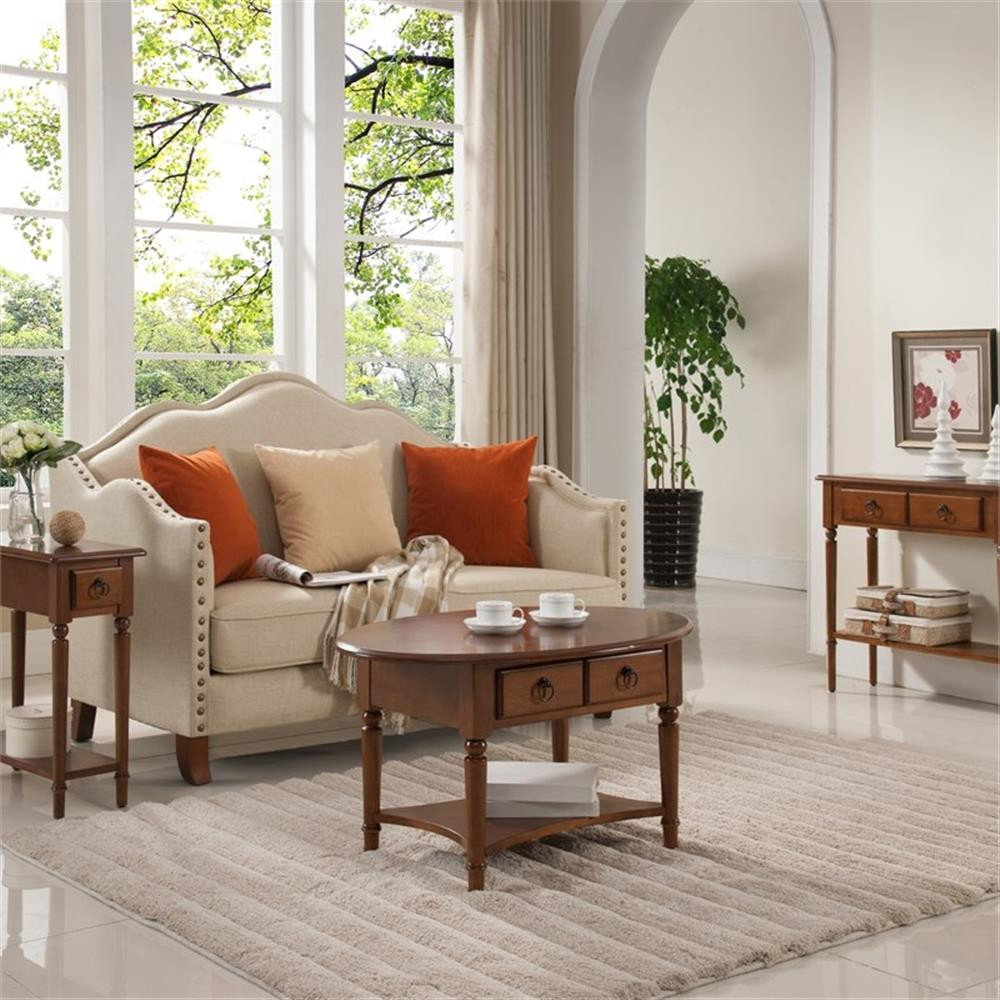 Leick Coastal Notions Oval 1 Drawer Wood Coffee Table in Pecan/Espresso ...