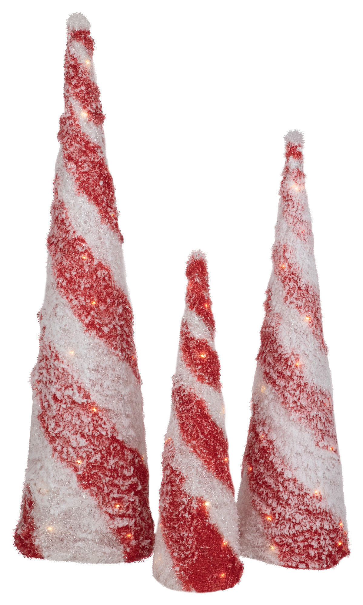 3-Piece LED Lighted Snowy Candy Cane Striped Christmas Cone Tree Set3 ...
