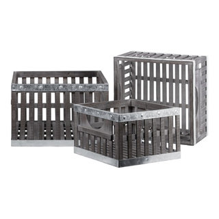 Wood Square Crate with Lattice Design Body, Set of Three, Beige ...