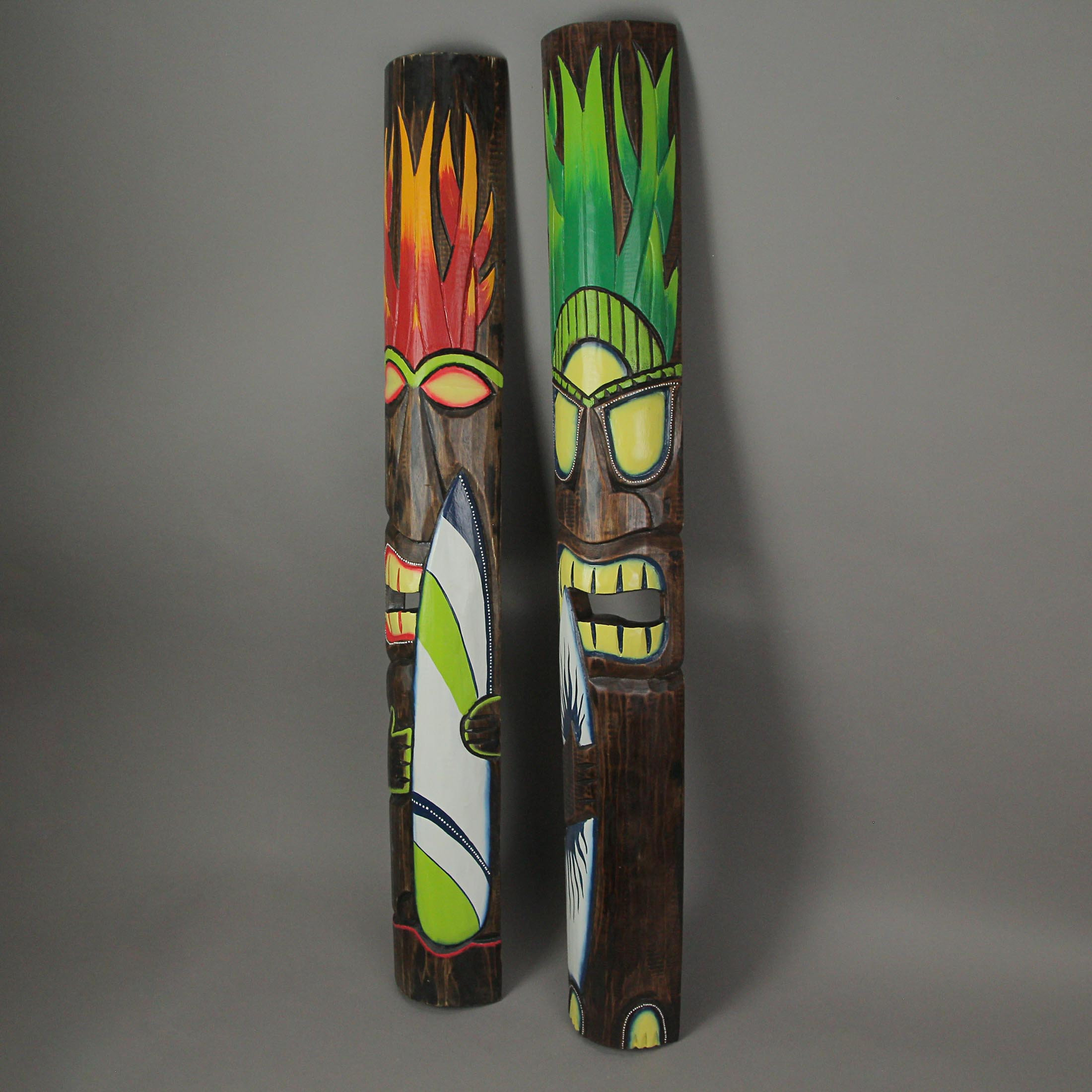 Elemental Fire and Earth Carved Wooden Surfer Tiki Wall Masks 39 Inch ...