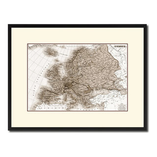 Europe Vintage Sepia Map Print On Canvas With Black Custom Frame, 16" X ...