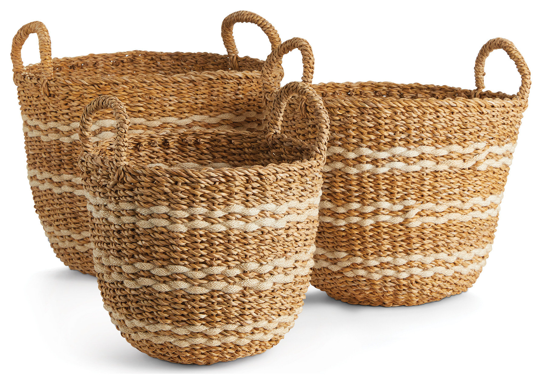 Seagrass & Jute Round Baskets With Handles, Set of 3 - Beach Style ...