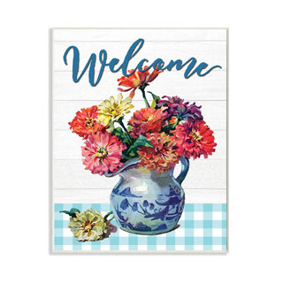 Welcome Flower Pot Blue Plaid Rustic Word Design, 10"x15 ...