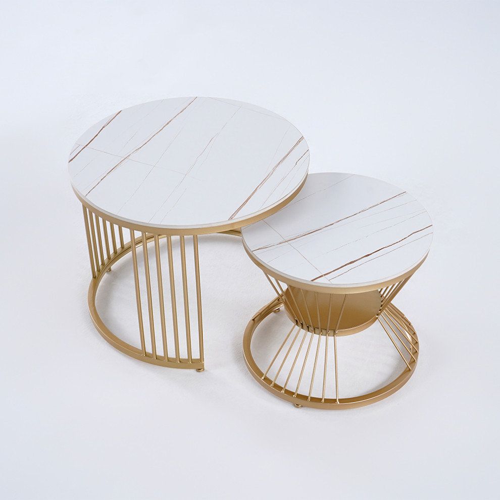 Modern White Nesting Coffee Tables Round Set of 2 With Stone Top ...