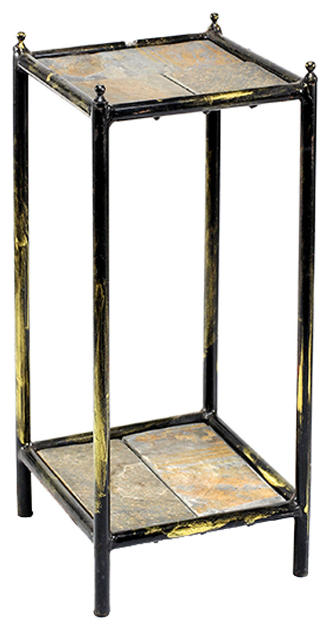 Benzara BM216732 2 Tier Square Stone Top Plant Stand, Metal Frame ...