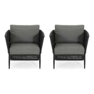 Set of 2 Outdoor Rope Club Chairs, Black Aluminum Frame, Gray Seats ...
