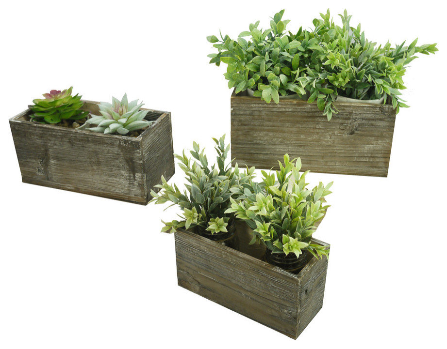 Set Of 3, Wood Rustic Rectangular Boxes Planter, Natural - Rustic ...