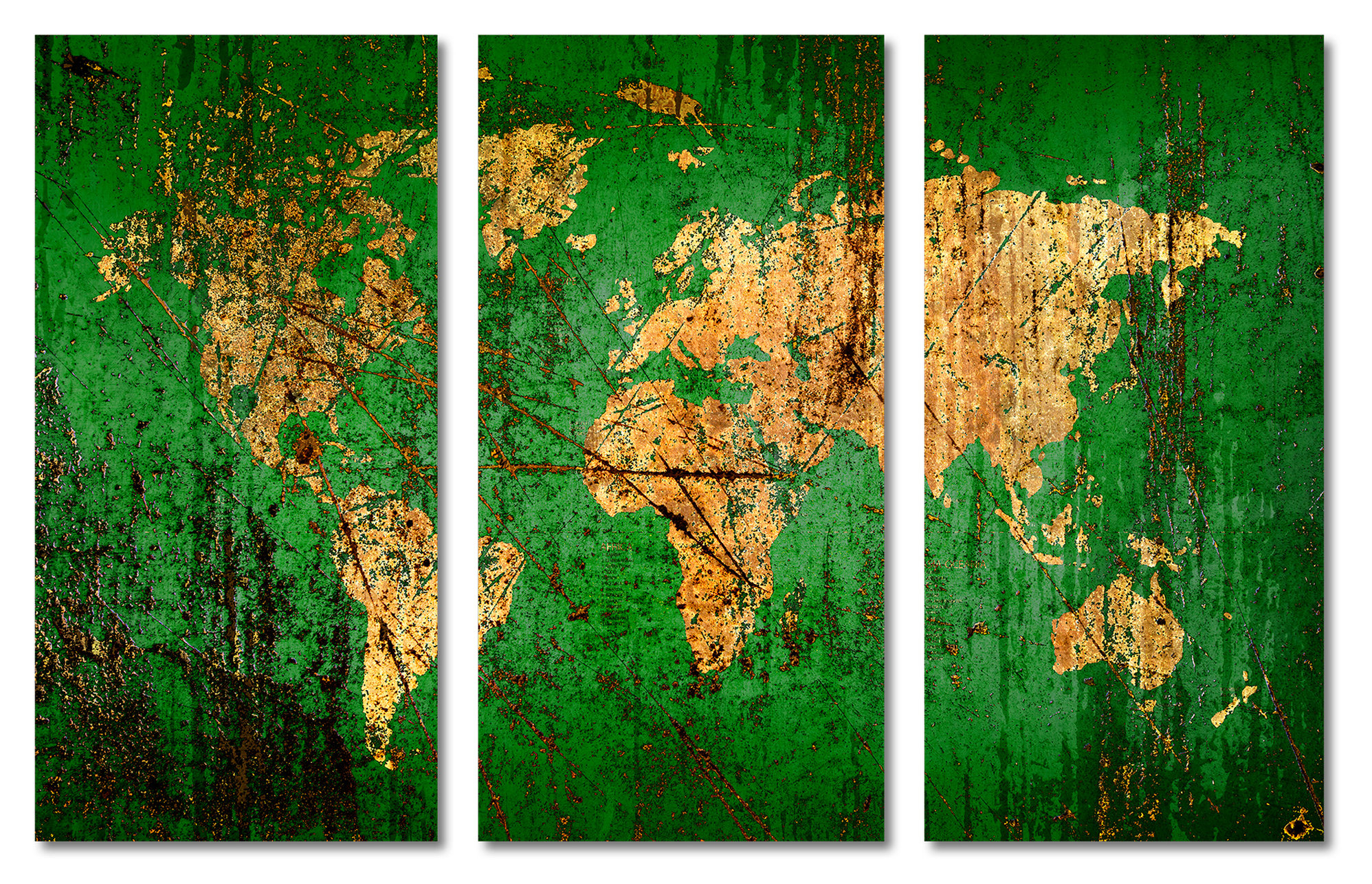 Abstract Green World Map Canvas Print 3 Panel Split, Triptych Wall Art ...