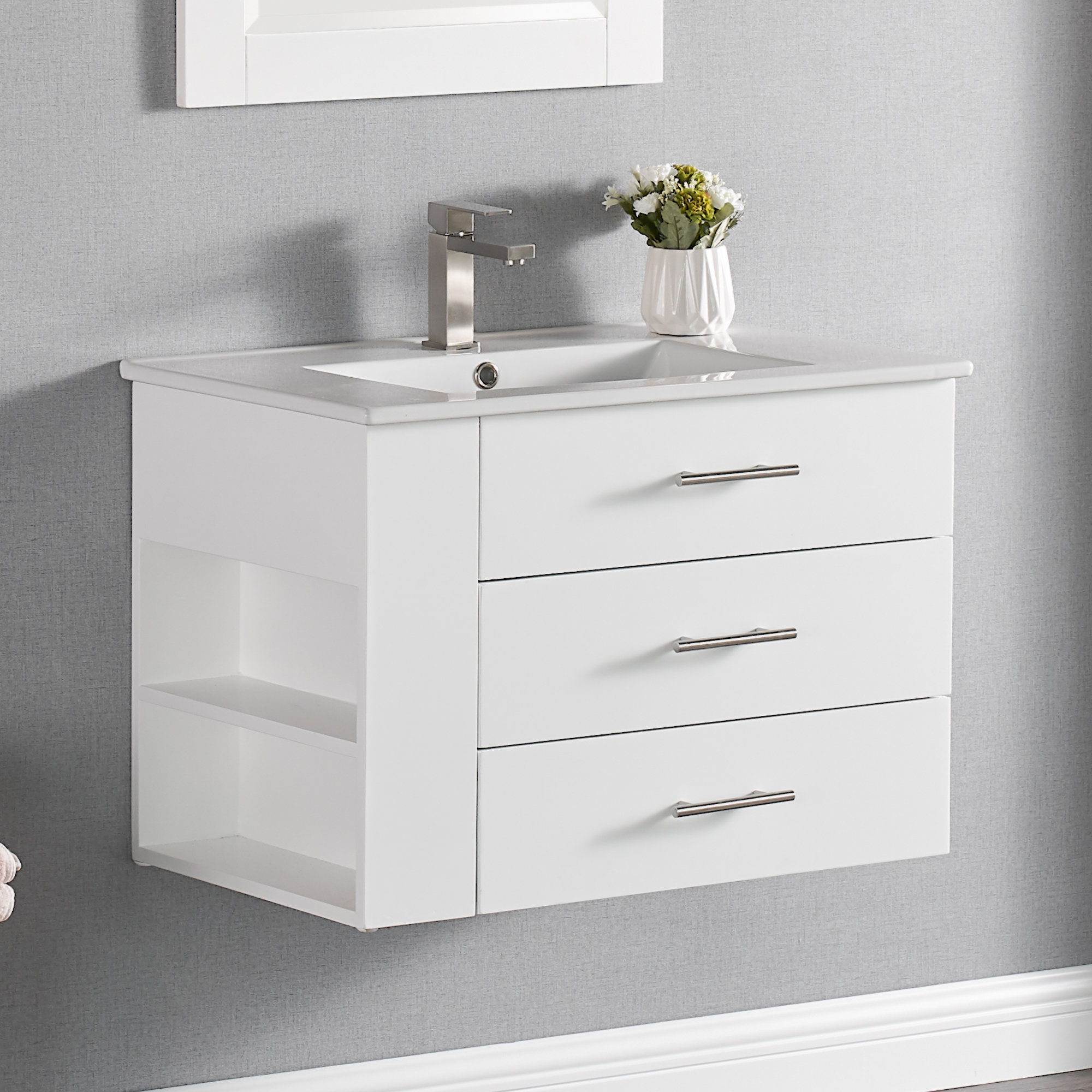 30" Left Side Shelf Vanity Wood Body With Premium White Ceramic ...
