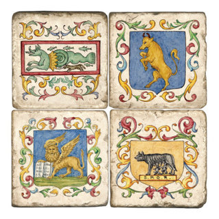 Tumbled Marble Coaster St/4 With Coaster Stand, Italian Tiles ...