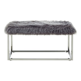 40" Gray And Silver Upholstered Faux Fur Bench - Contemporary ...