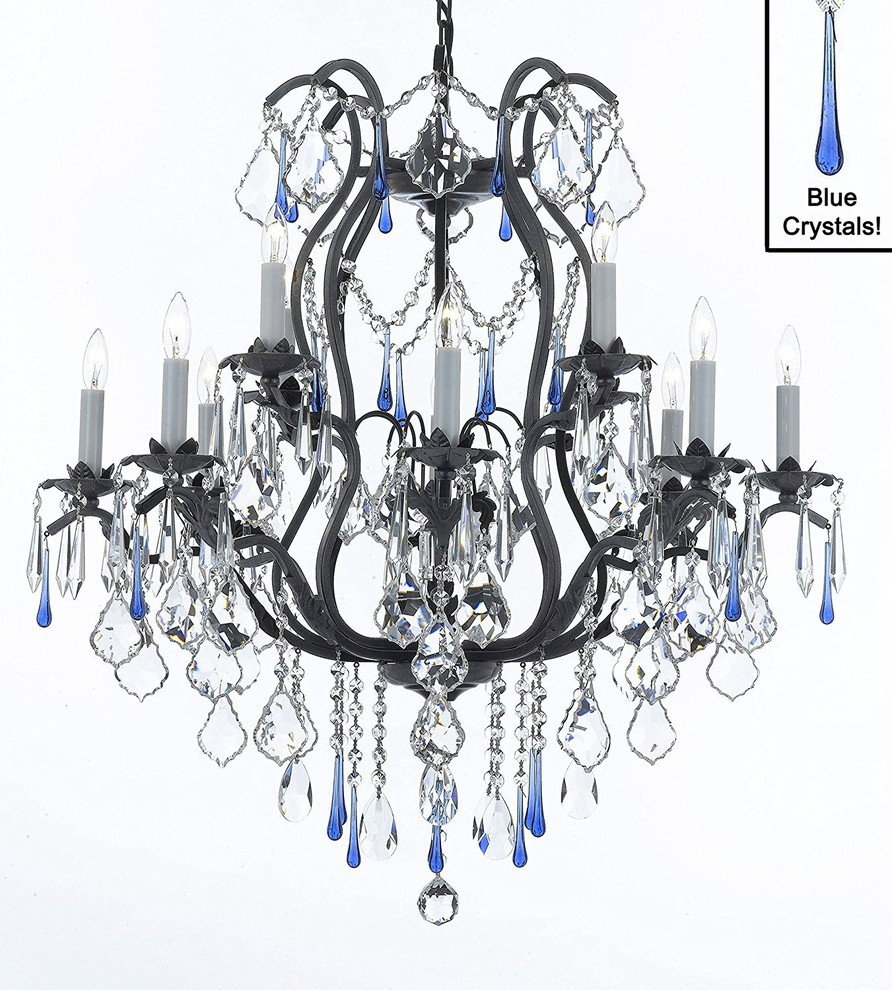 Wrought Iron Crystal Chandelier Lighting Dressed With Blue Crystals ...