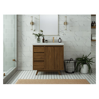 Madison Teak 36" Right Offset Bath Vanity in Dark Natural 2" Calacatta ...