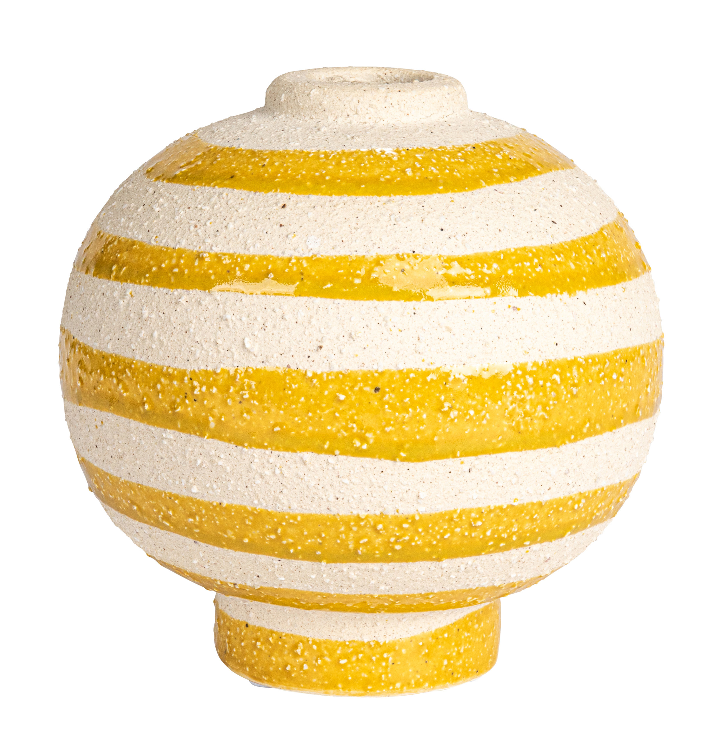Large Striped Stoneware Vase With Sphere Shape and Footed Base, Yellow ...