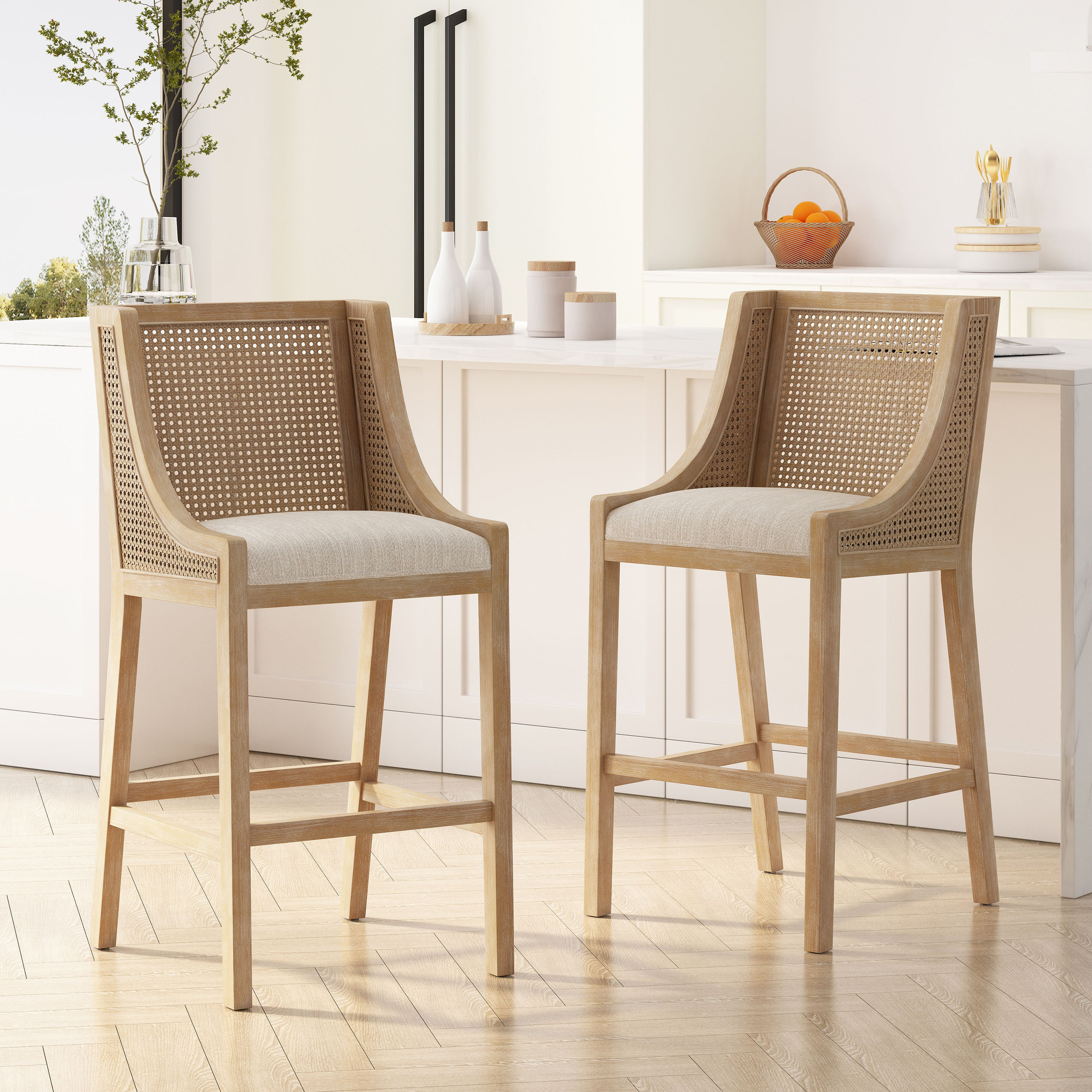 Oneida Rustic Fabric Upholstered Wood and Cane 30 inch Barstools, Set ...