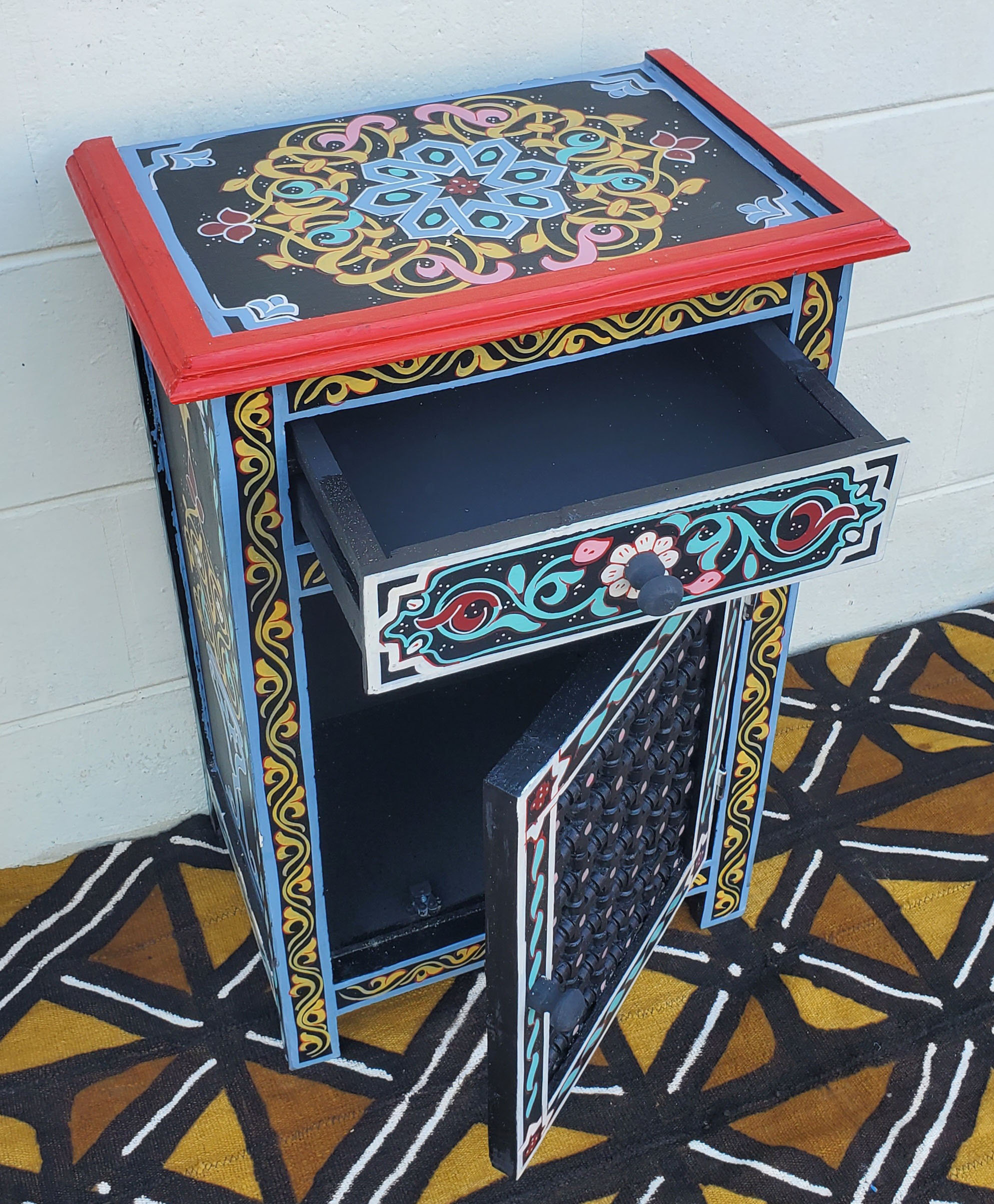 Moroccan Hand Painted Wooden Nightstand, Musharabi Black II ...