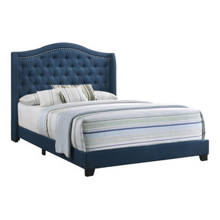 Pemberly Row Fabric Upholstered Camel Headboard Queen Bed in Blue - Contemporary - Panel Beds ...