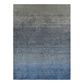 Yale Blue Wool and Silk Modern Gradation Design Hand Knotted Rug 10'x14 ...