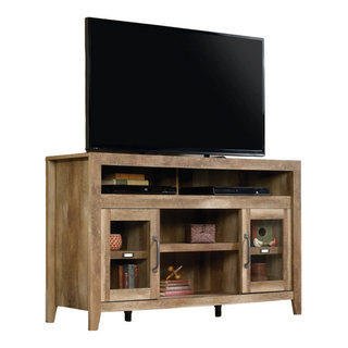 Rustic TV Stand with Open Shelves and Doors Featuring ID Label Tags ...