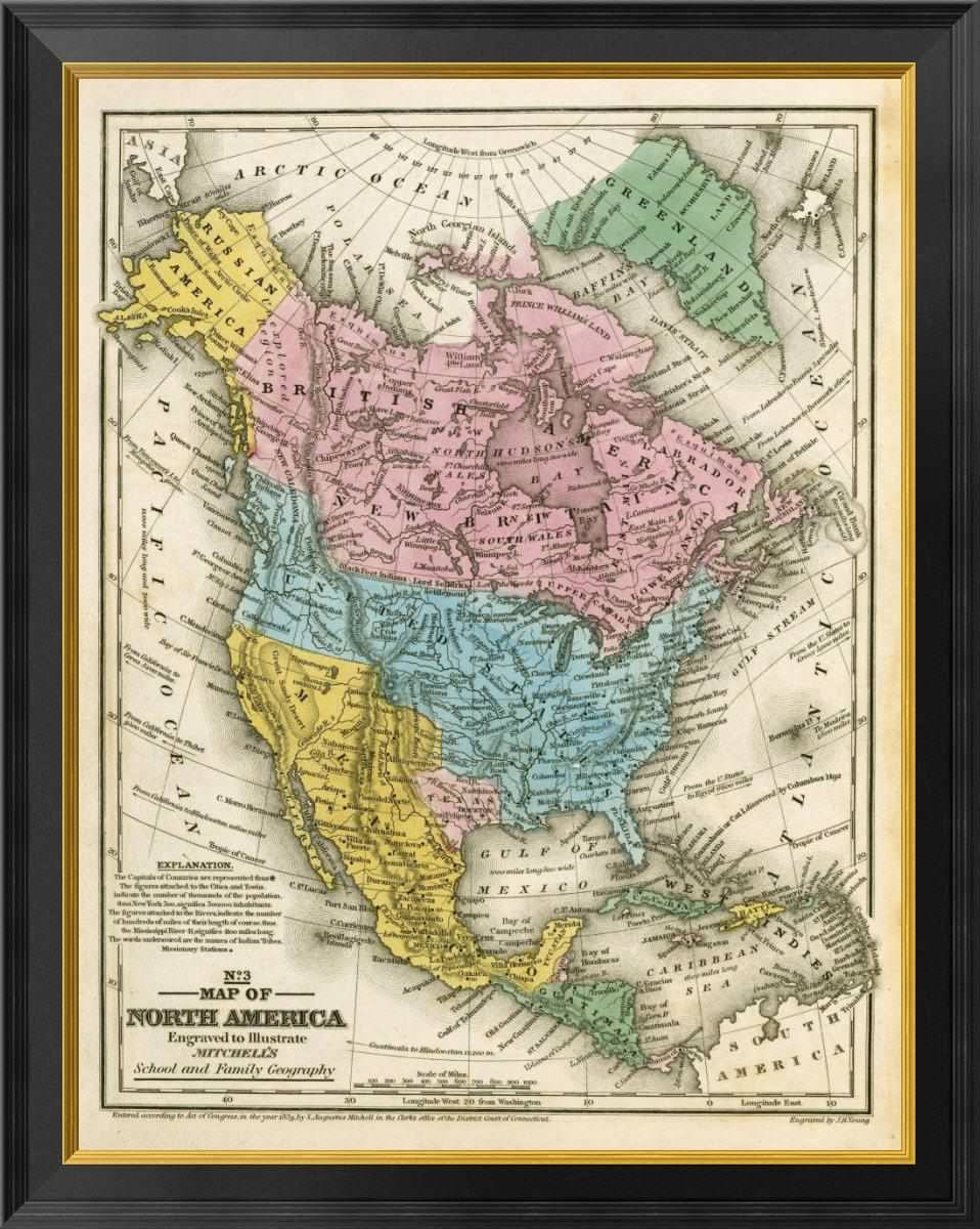 "Map of North America, 1839" by Samuel Augustus Mitchell, 16x20", 27"x1 ...