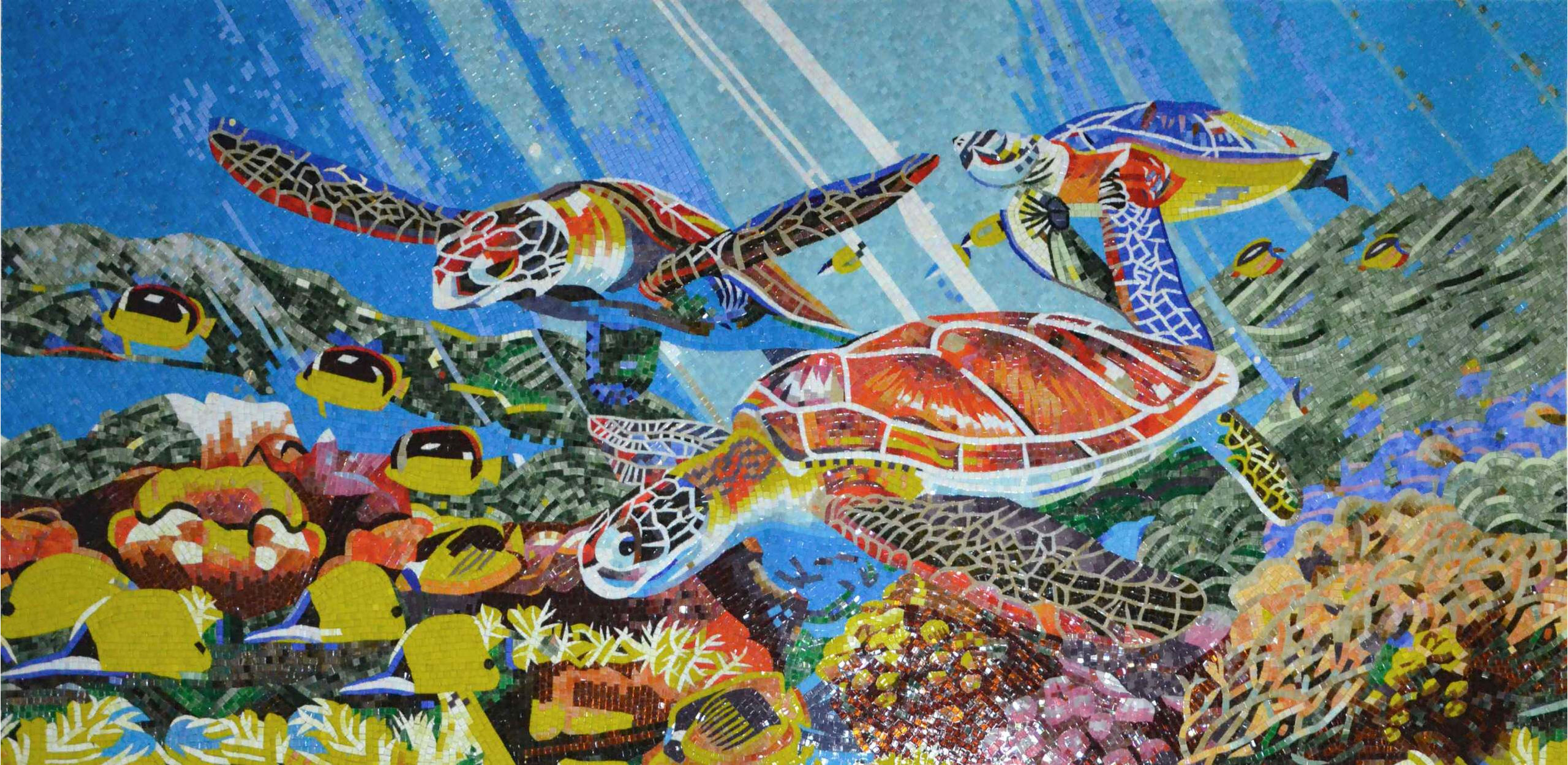Vibrant Sea Turtles and Fish Glass Mosaic Mural, 106" x 53" - Beach ...