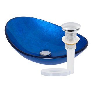Azzurro Blue Foiled Oval Glass Vessel Bathroom Sink w/ Drain, TIG-S132 ...