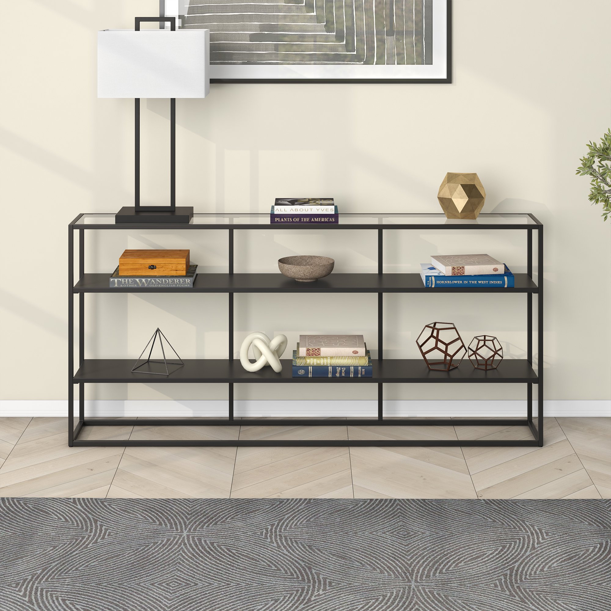 Modern Console Table, Wooden Open Shelves & Tempered Glass Top ...