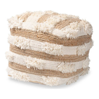 Bowery Hill Natural and Ivory Handwoven Wool Blend Pouf Ottoman - Beach Style - Floor Pillows ...