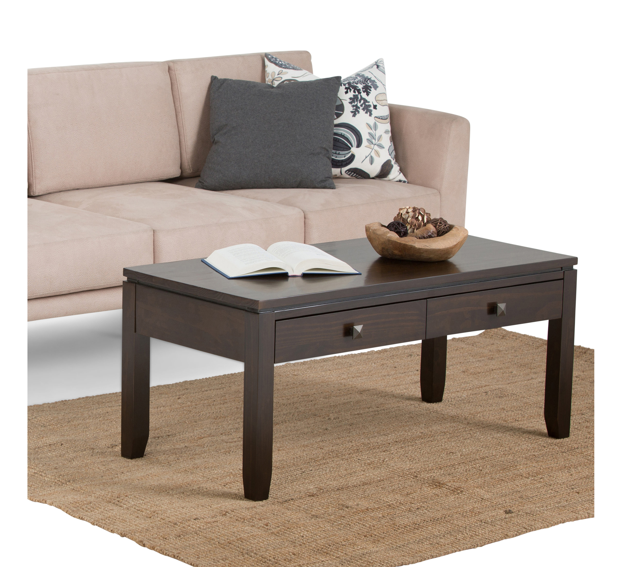 Solid Wood 42 Inch Wide Rectangle Coffee Table In Mahogany Brown ...