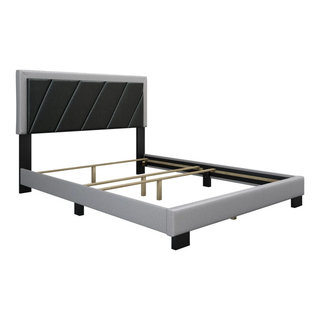 Diagonal Accent Faux Leather Platform Bed with Stitched Upholstered ...
