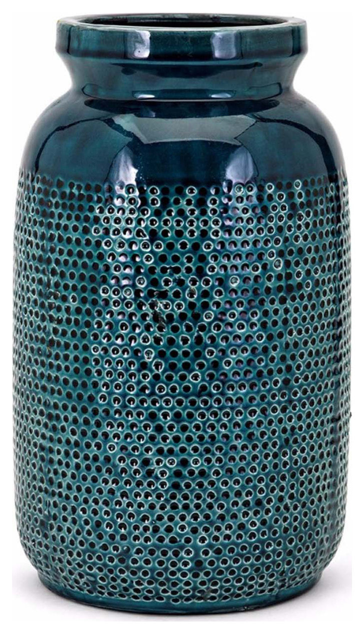 Jar Shaped Ceramic Vase with Embossed Dot Pattern Surface, Large , Teal ...