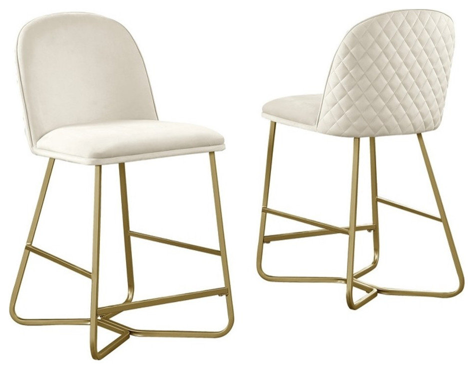 Quilted Back Counterheight Chairs 24" Set of 2 in Cream Velvet and Gold ...