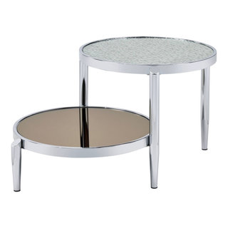 37" Chrome and Silver Mirrored Two Tier Round Mirrored Coffee Table ...