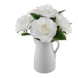 12" H Roses In Ceramic Water Pot,White - Transitional - Artificial ...