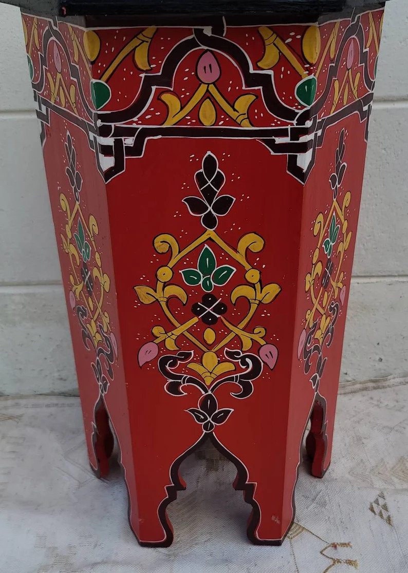 Moroccan Hexagonal Hand Painted Wooden Side Table in Red Zouak ...