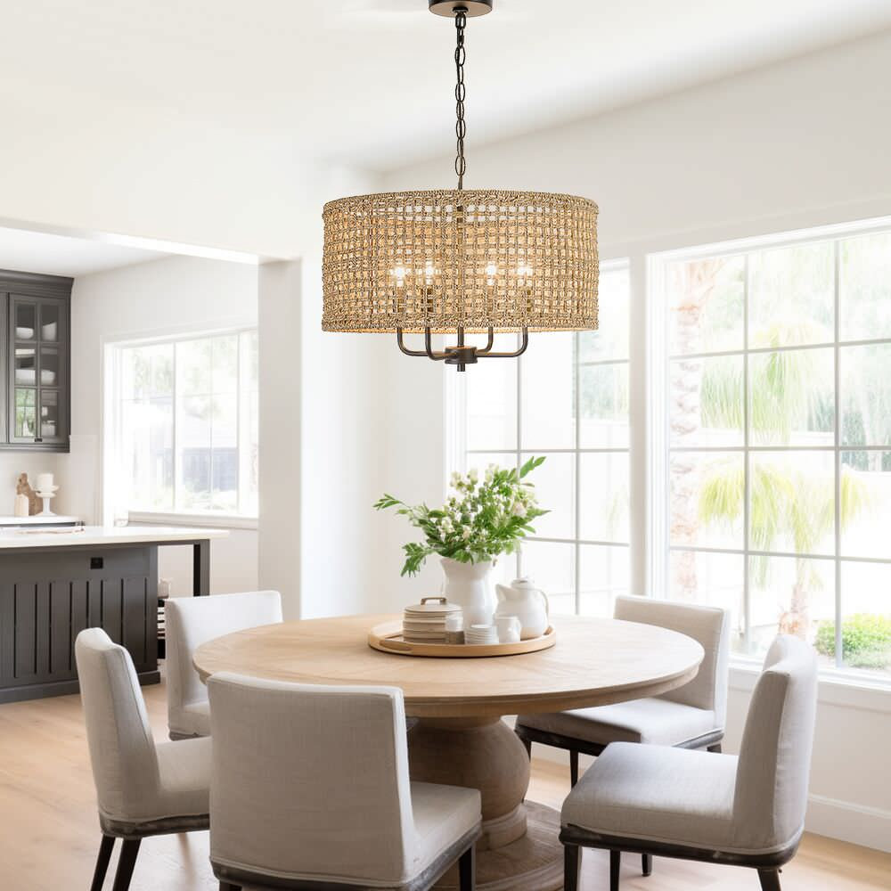 20" 4-Light Bohemian Coastal Drum Chandelier With Seegrass Hand Woven ...