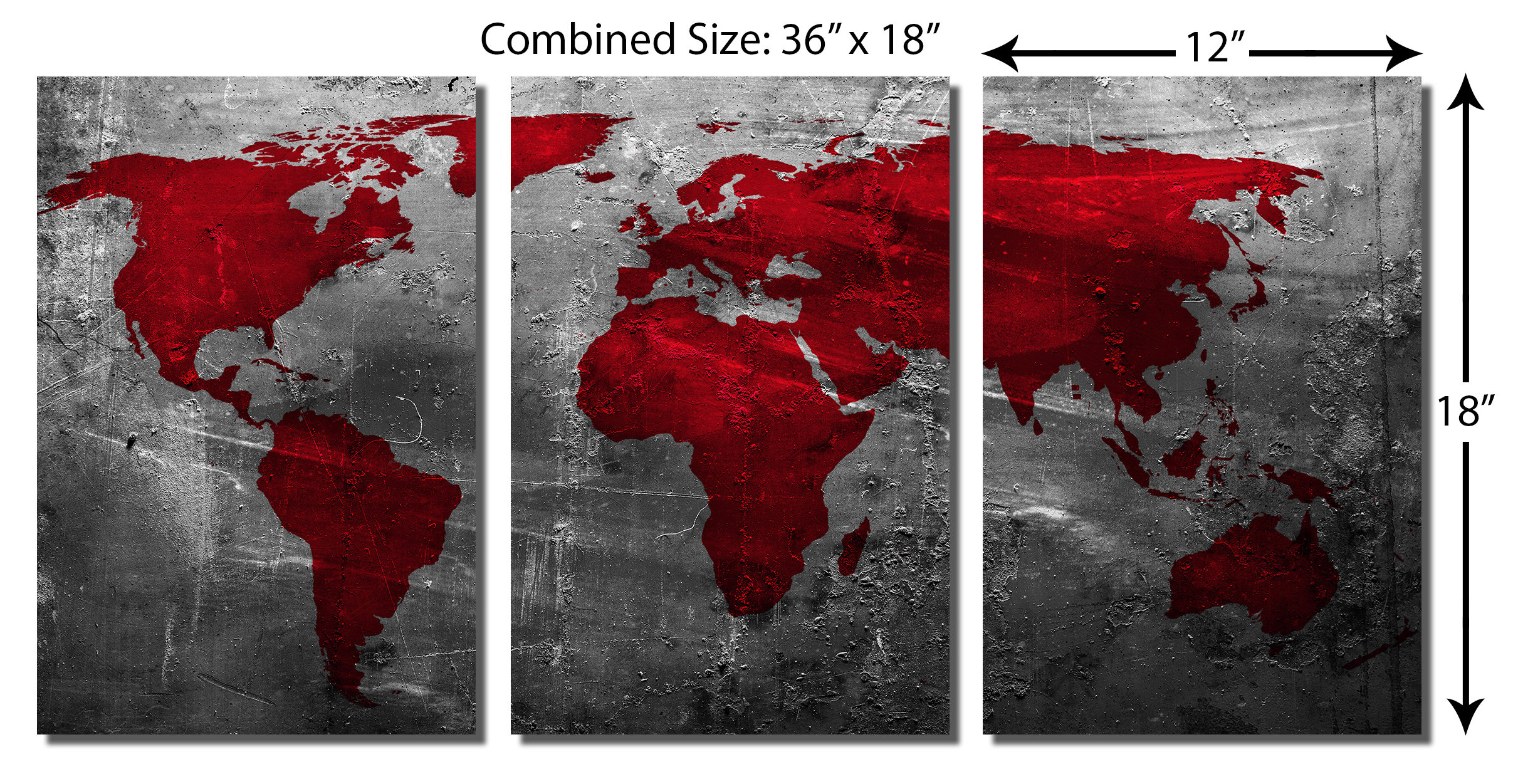 Abstract Deep Red World Map, Metal Print Wall Art, 3 Panel Split ...