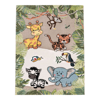Kids Rug With Charming Animals, Giraffe Lion Monkey, Beige, 5'3"x7'7 ...