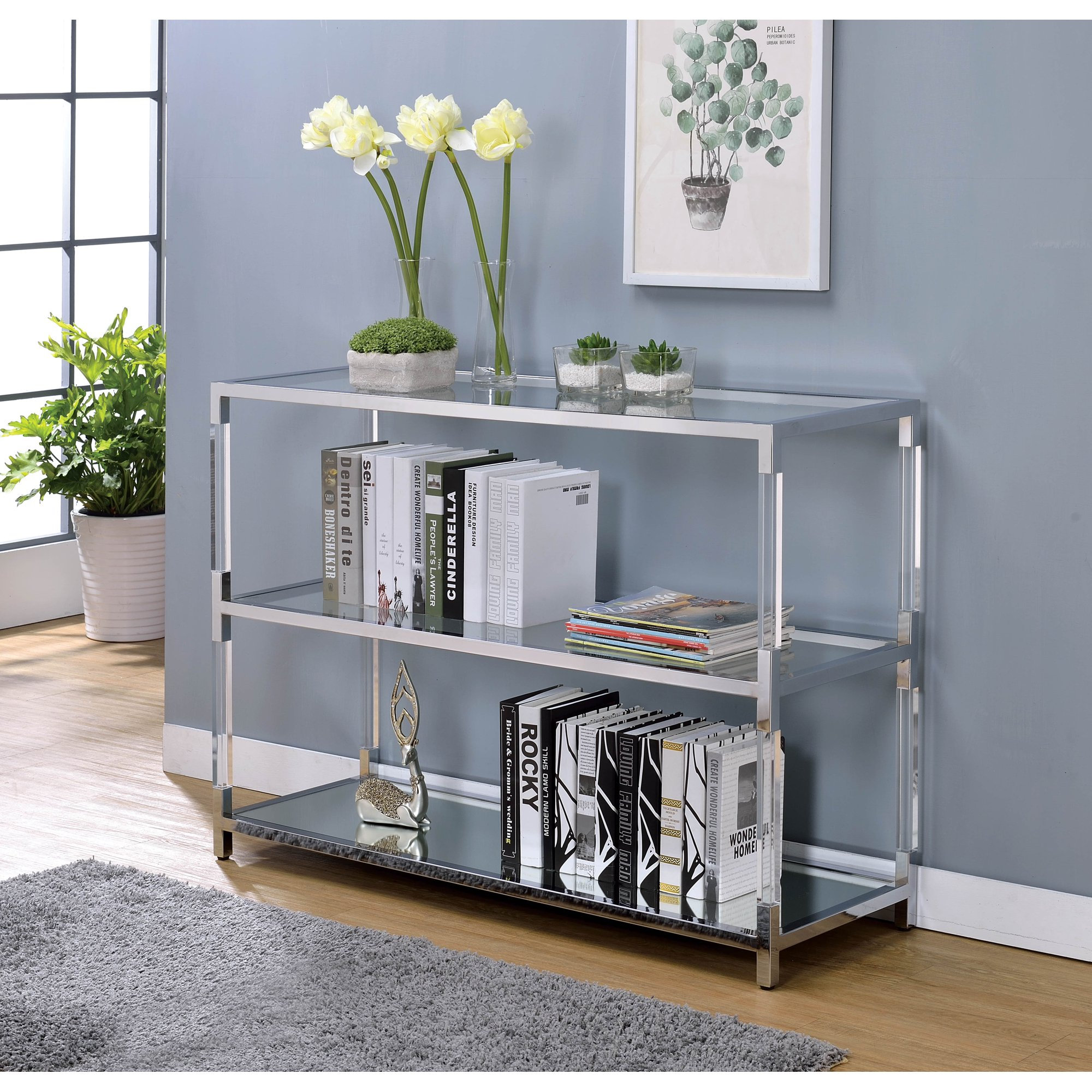 Chrome Console Table with Glass Surface and Shiny Mirror Bottom Shelf ...