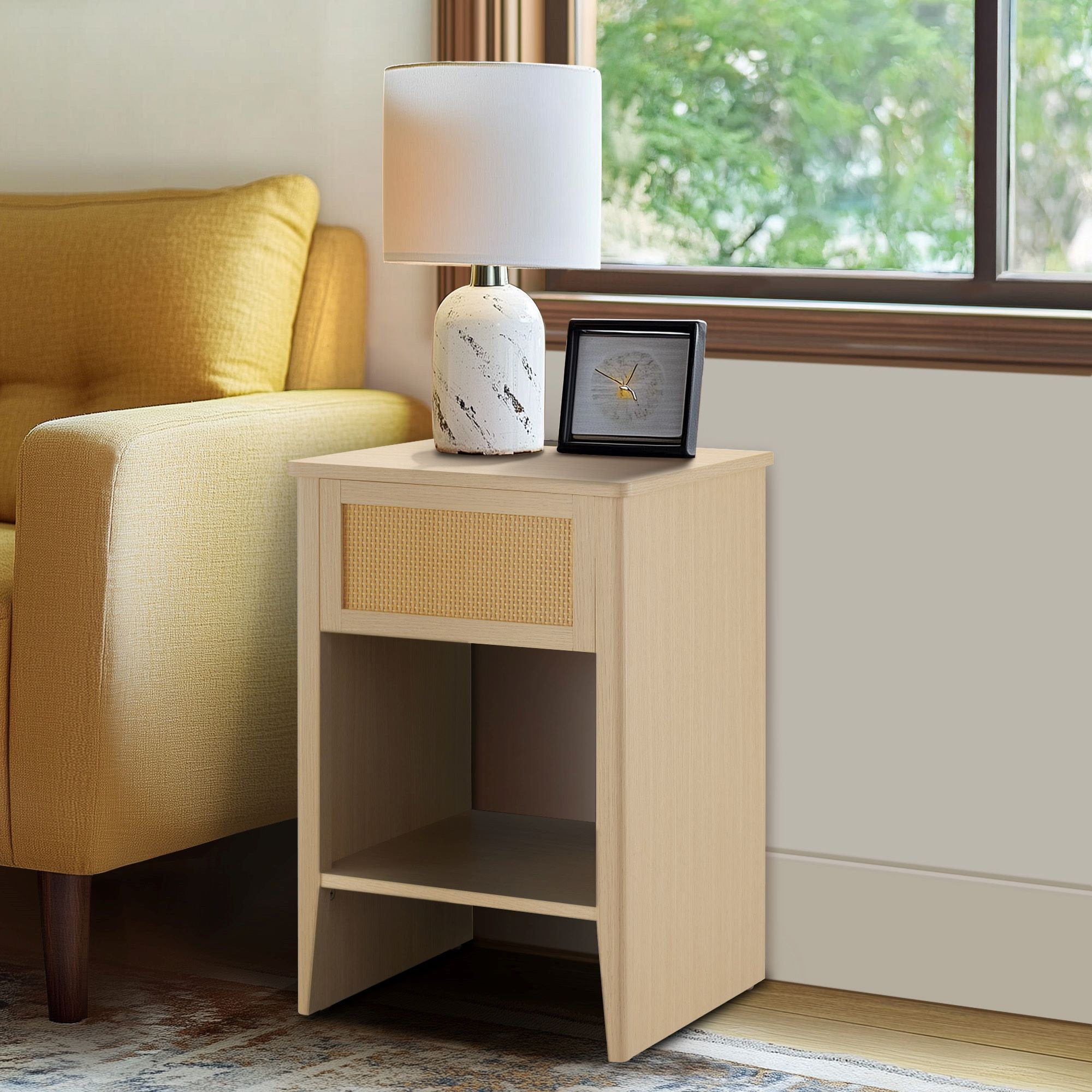 INK+IVY Lennox Rattan Accent Side Table With Drawer Storage and Lower ...