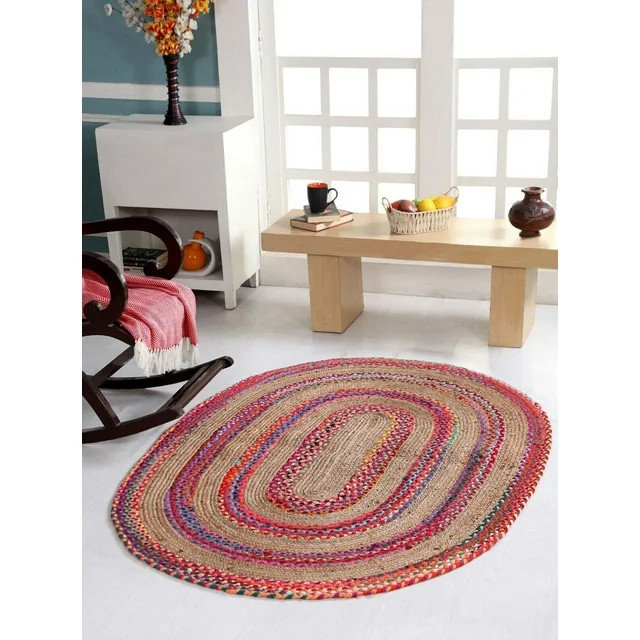 Reversible Multicolor Cotton and Jute Oval Rug with Red Highlights ...