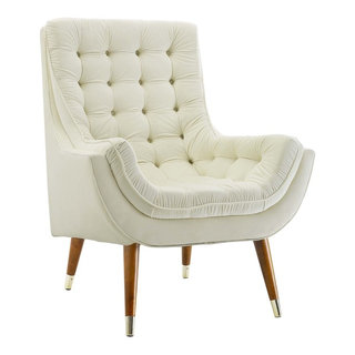 Suggest Button Tufted Upholstered Velvet Lounge Chair, Ivory ...