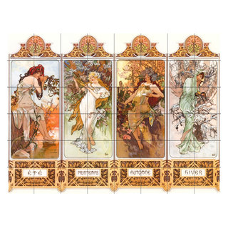 Tile Mural Kitchen Backsplash - Seasons - by Alphonse Mucha, 48" W x 36 ...