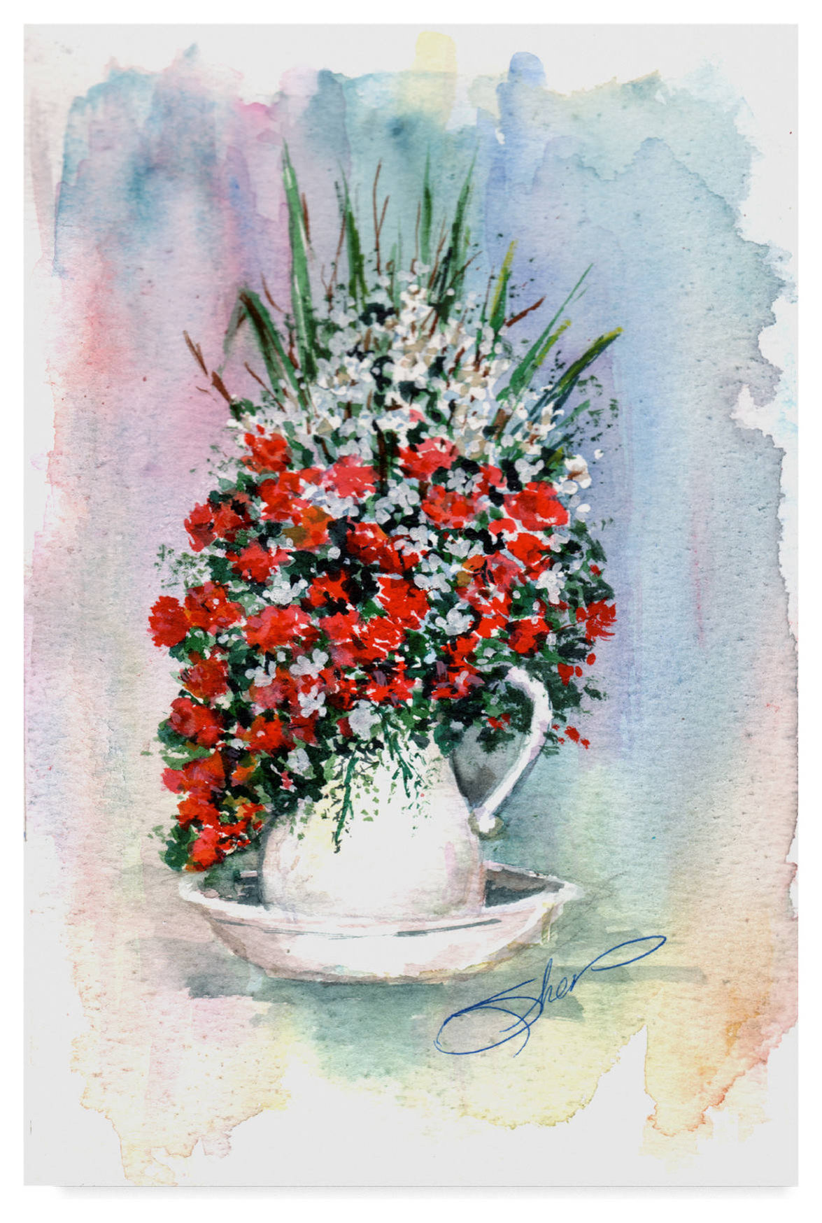 "Red White Flowers Sketch" by Sher Sester, Canvas Art, 22"x32 ...