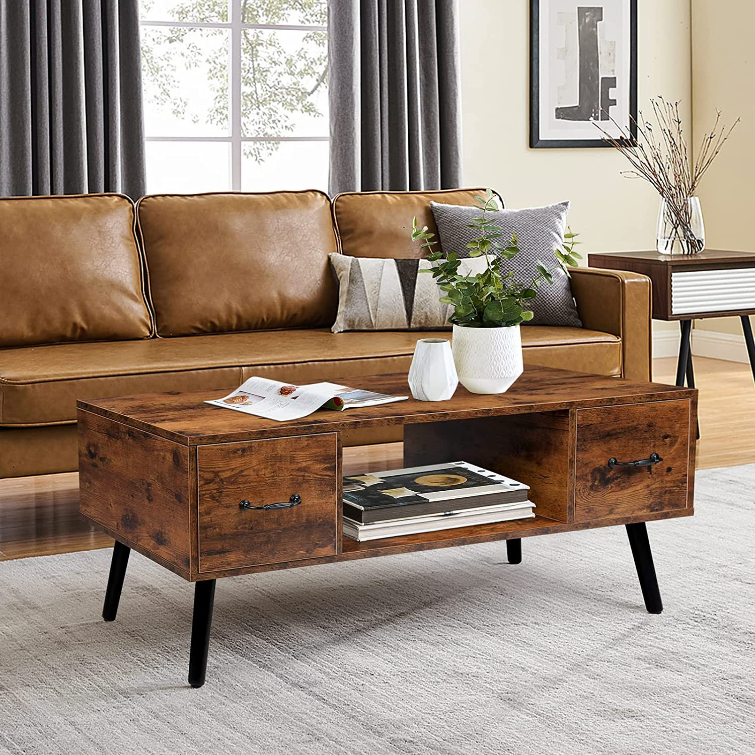 2-Tier Coffee Table with 2 Drawers and Open Storage Shelf ...
