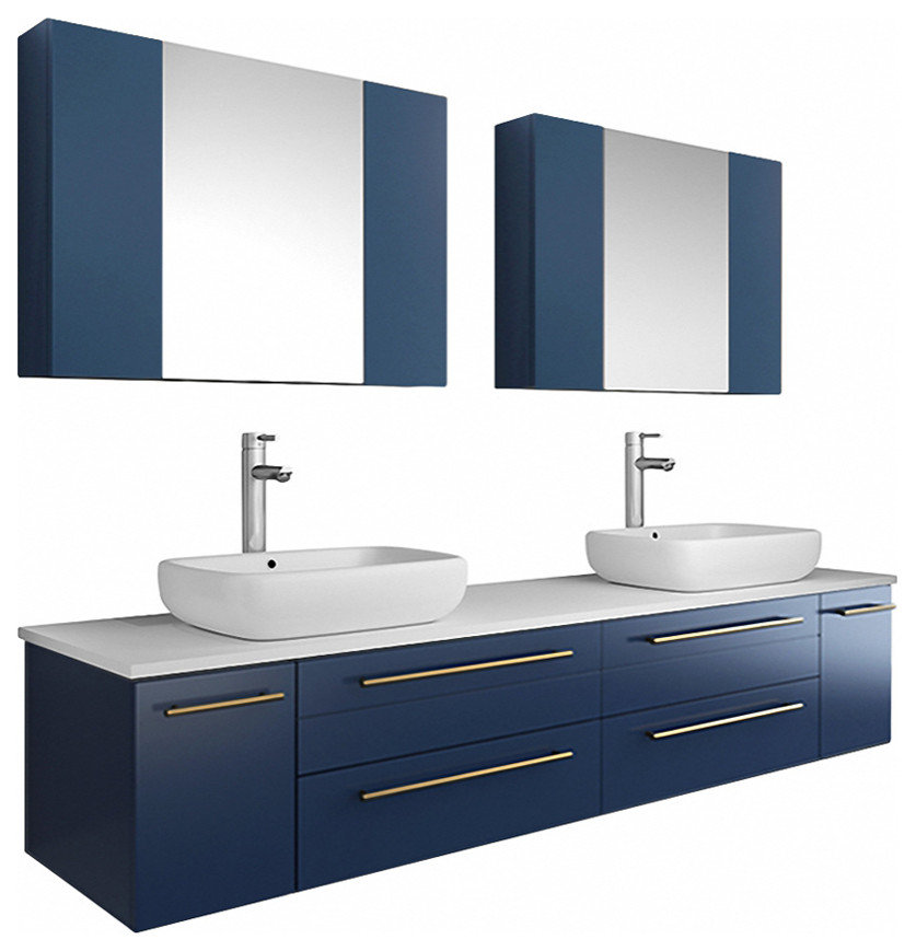 72 Royal Blue Wall Hung Double Vessel Sink Bathroom Vanity w/ Medicine ...