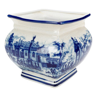 Square Porcelain Planter, Italian Village Scene - Asian - Indoor Pots ...