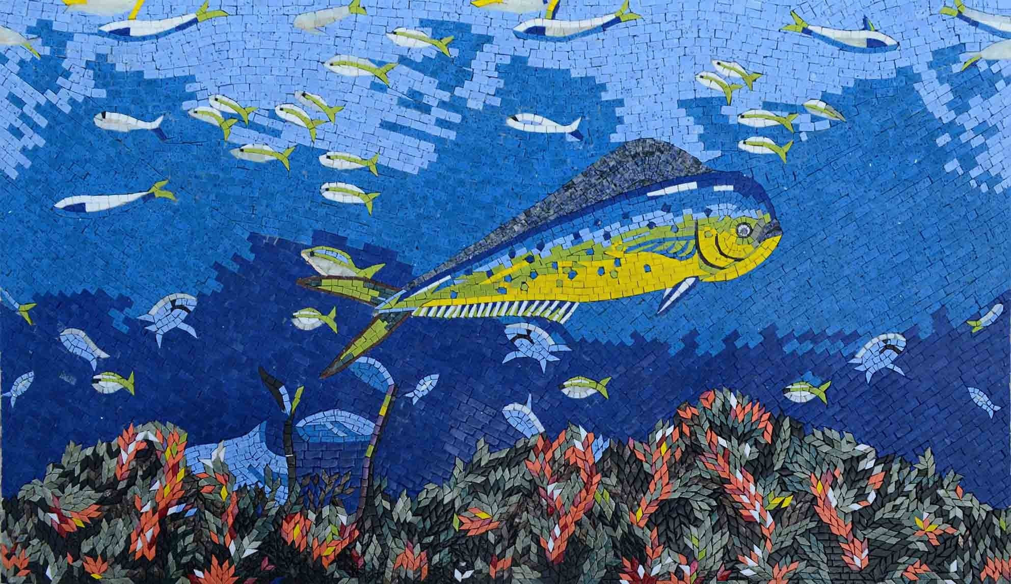 Fish Underwater View Marble Mosaic Handmade, 94" x 55" - Beach Style ...